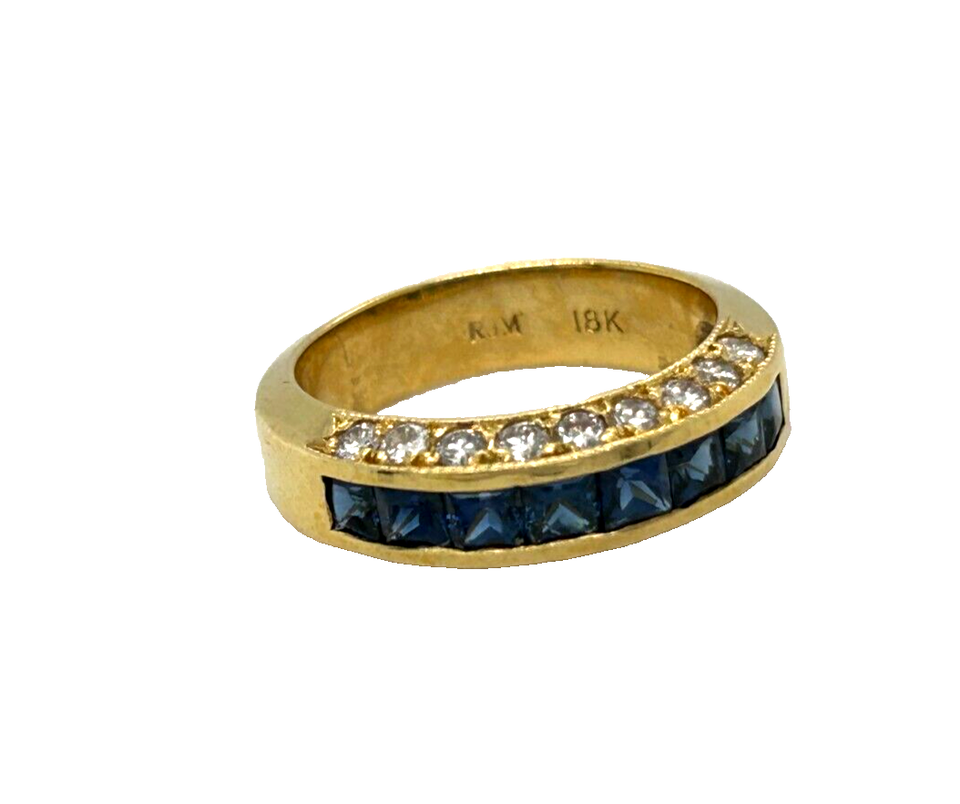 18k Yellow Gold Sapphire & Diamond Ring Signed RJM | eBay