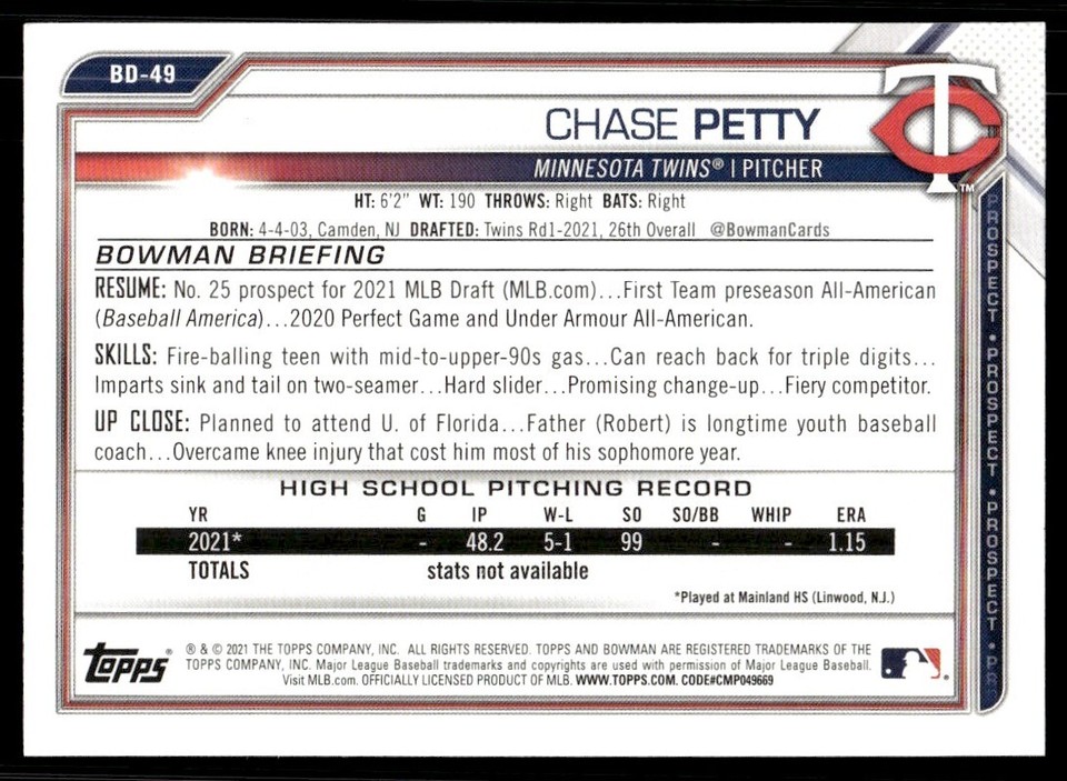 2021 Bowman Draft Chase Petty G440 Minnesota Twins #BD-49 | eBay