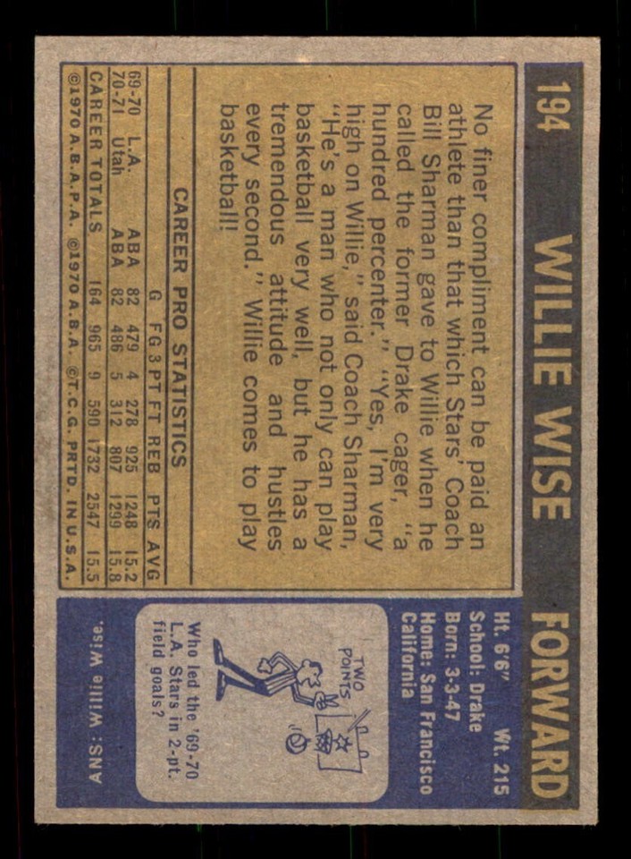 1971 Topps Basketball #194 Willie Wise EX *e1 | eBay