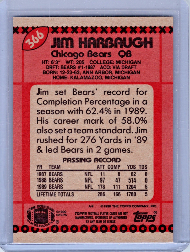 JIM HARBAUGH 1990 NFL TOPPS FOOTBALL CARD #366 Chicago Bears HOF Ravens ...