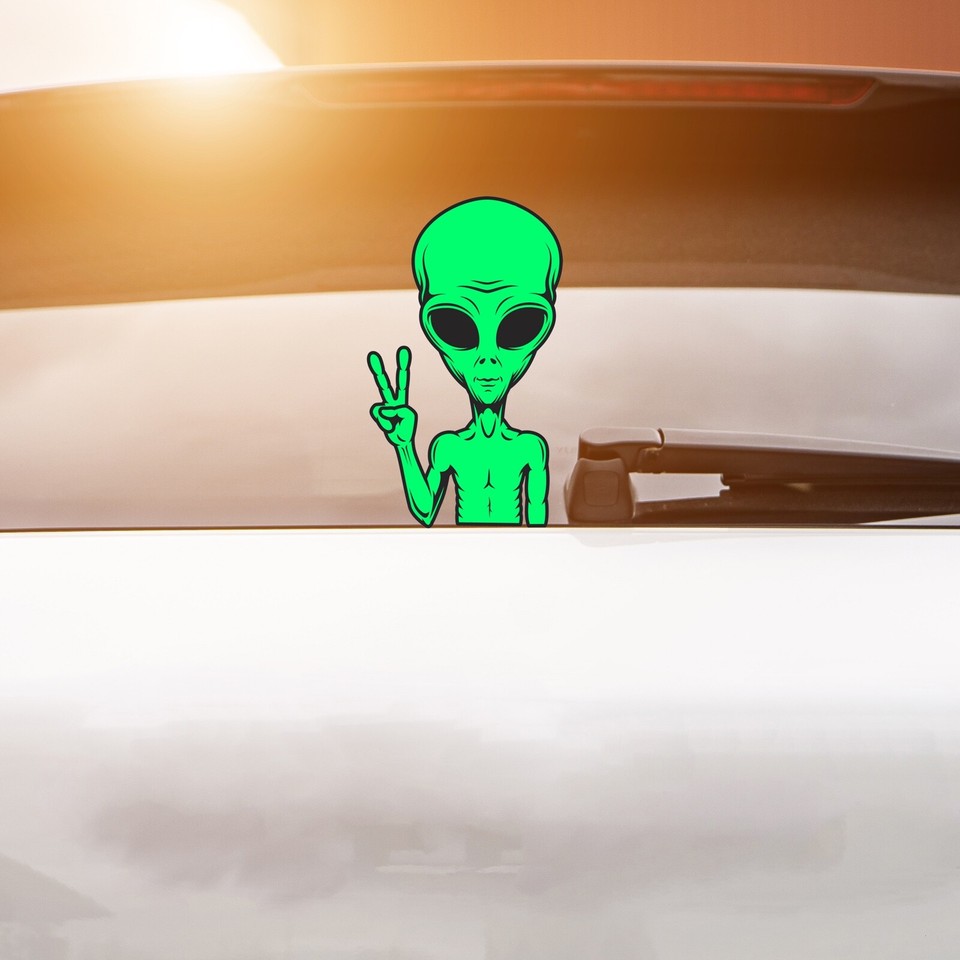 Funny Alien Car Sticker Peace Sign Decal UFO Space Extra Head Vinyl Car ...