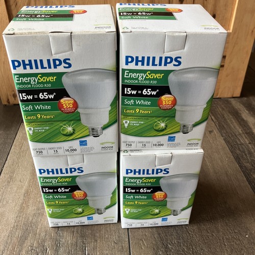 Lot Of 4 Philips Energy Saver Indoor Flood Light Bulbs R30 15w=65w Soft ...