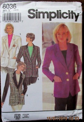 SIMPLICITY sewing Pattern no. 8036 Ladies JACKET sizes 18-22 UNCUT ...