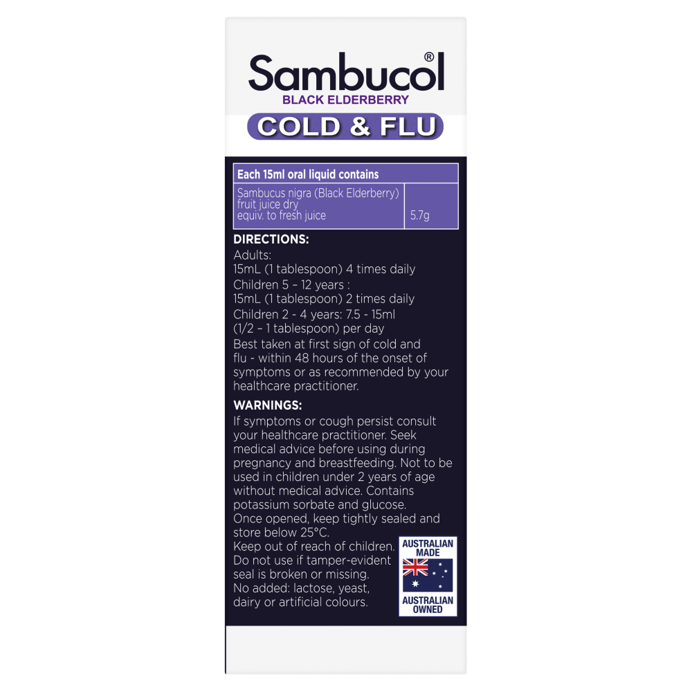 Sambucol Cold & Flu Syrup 120mL Relieve Congestion Sore Throat Coughs ...