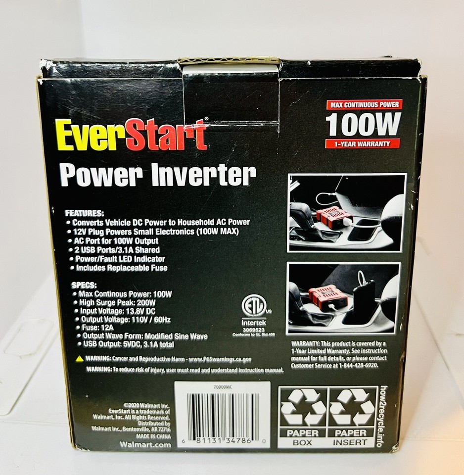 EverStart 100W Vehicle Power Inverter Converter DC/AC (12v to 110v) 2 ...