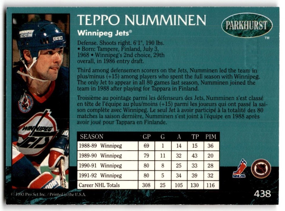 1992-93 Parkhurst Emerald Ice Teppo Numminen #438 Winnipeg Jets | eBay