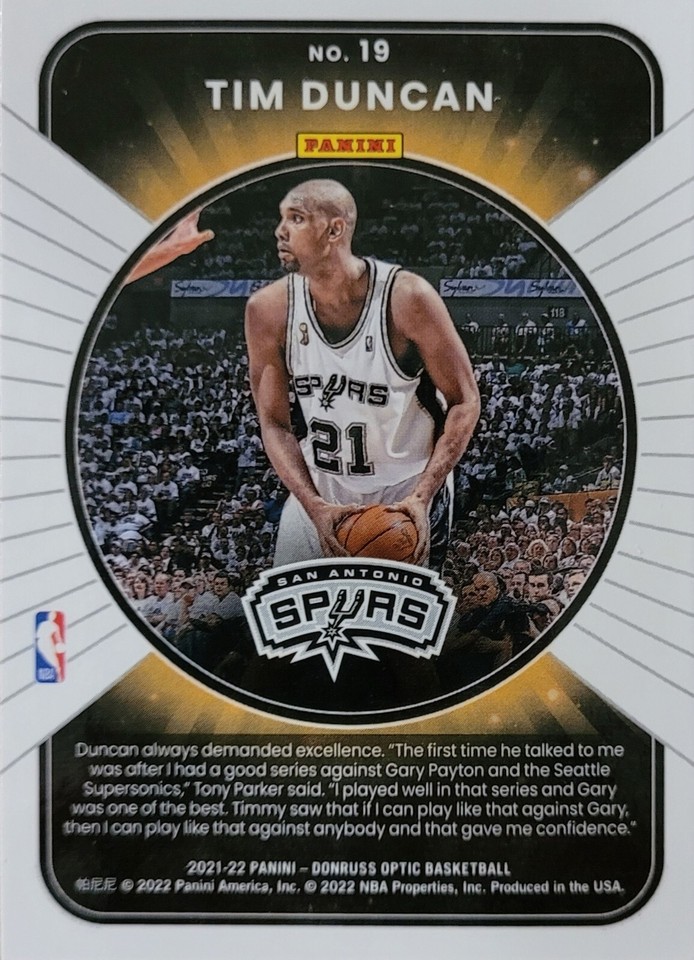 Tim Duncan 2021-22 Donruss Optic Winner Stays Silver Prizm / HOF / SA ...