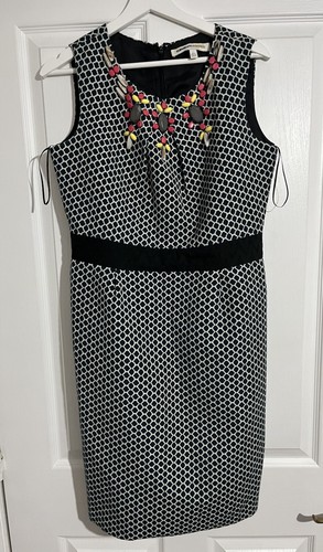 Clements Ribeiro Dress UK 14Navy & Ivory Jacquard Sheath With Beaded ...