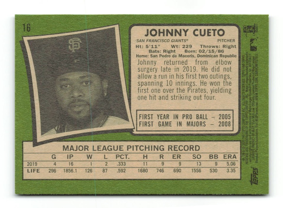 2020 Topps Heritage Johnny Cueto #16 San Francisco Giants Baseball Card ...