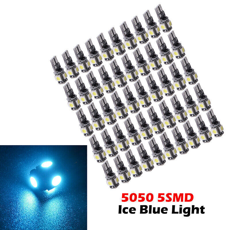 50pc T10 5-SMD 5050 Ice Blue LED Light Bulbs 192 168 194 W5W 2825 158 ...