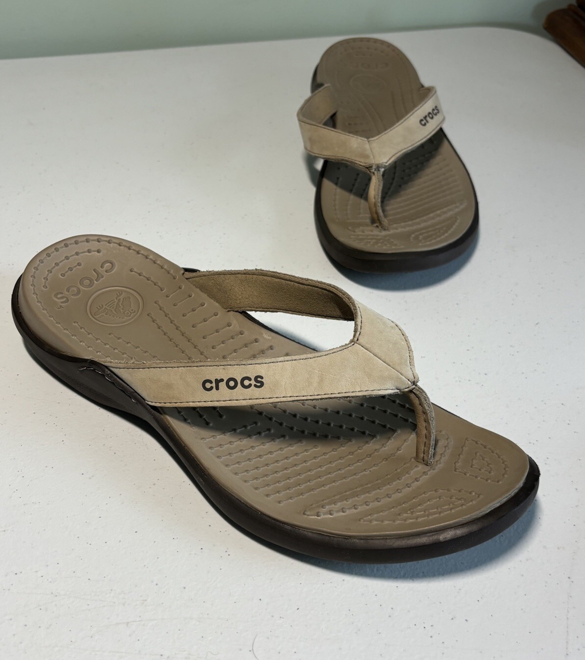 Crocs Women’s Leather Slip-On Flip Flop Sandals Khaki… - Gem