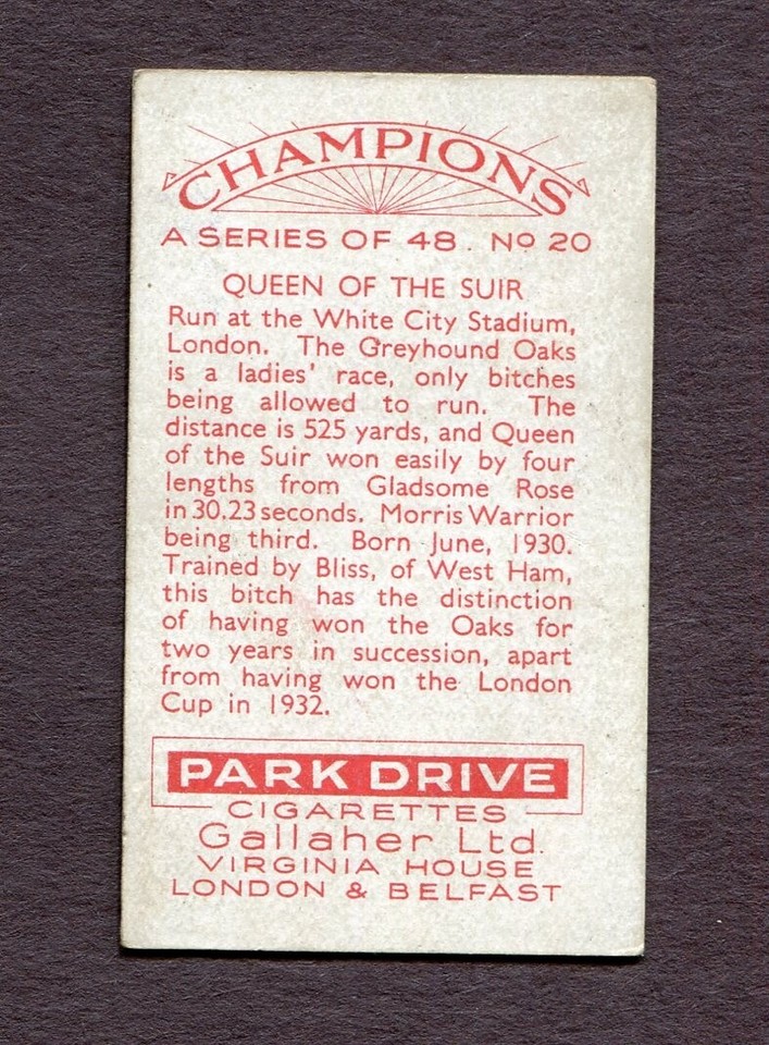 1934 Gallaher Ltd Park Drive Cigarettes Champions 20 Queen of the Suir ...