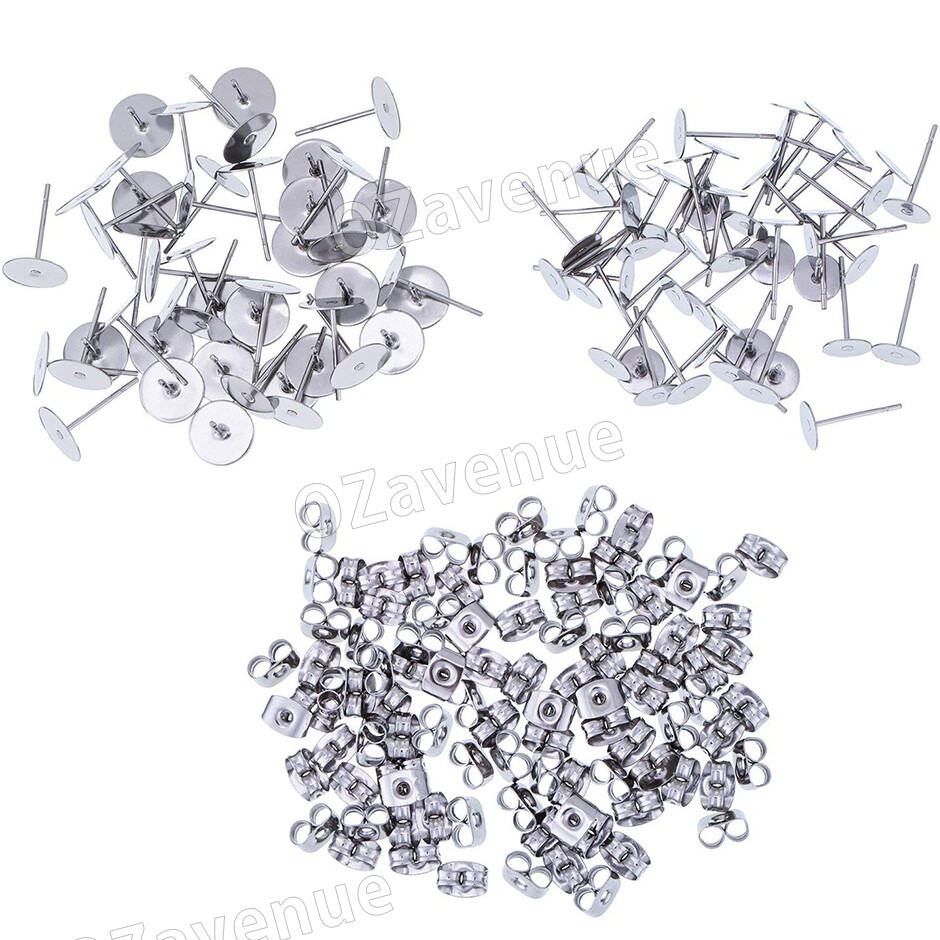 200pcs 4/8mm DIY Flatback Earring Stud Posts Pads & Nut Backs Stainless ...