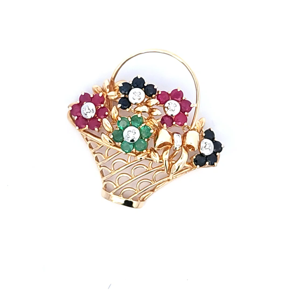 14k Yellow Gold Flower Basket Brooch Pin Diamonds Rubies Emeralds ...