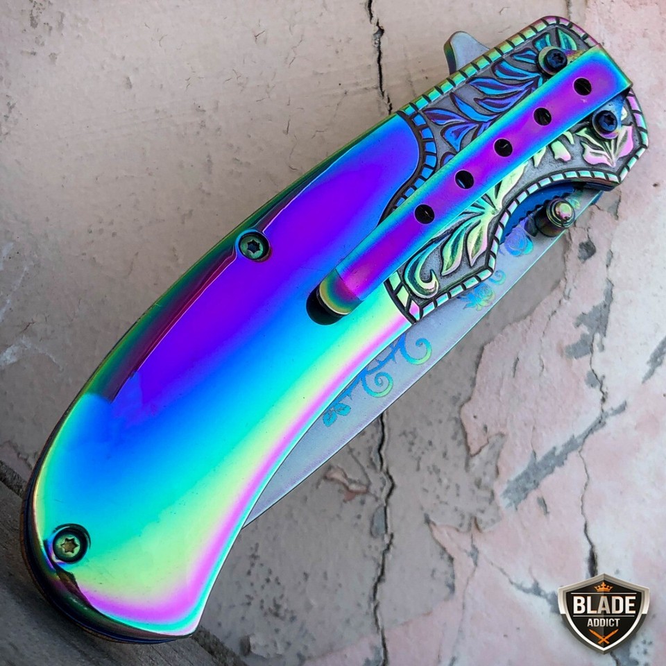 8.25" Tactical Rainbow Blade Pakkawood Spring Open Assisted Folding ...
