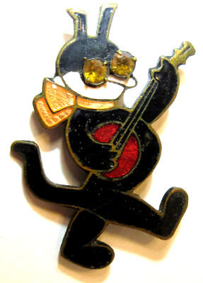 1930's KRAZY KAT & BANJO figural enamel inlay pin brooch pinback comic ...