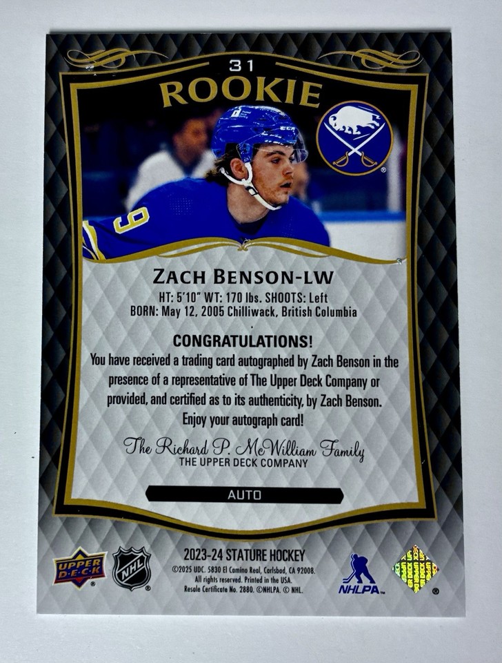 2023-24 UPPER DECK STATURE BASE AUTO ROOKIE #31 SABRES - ZACH BENSON | eBay
