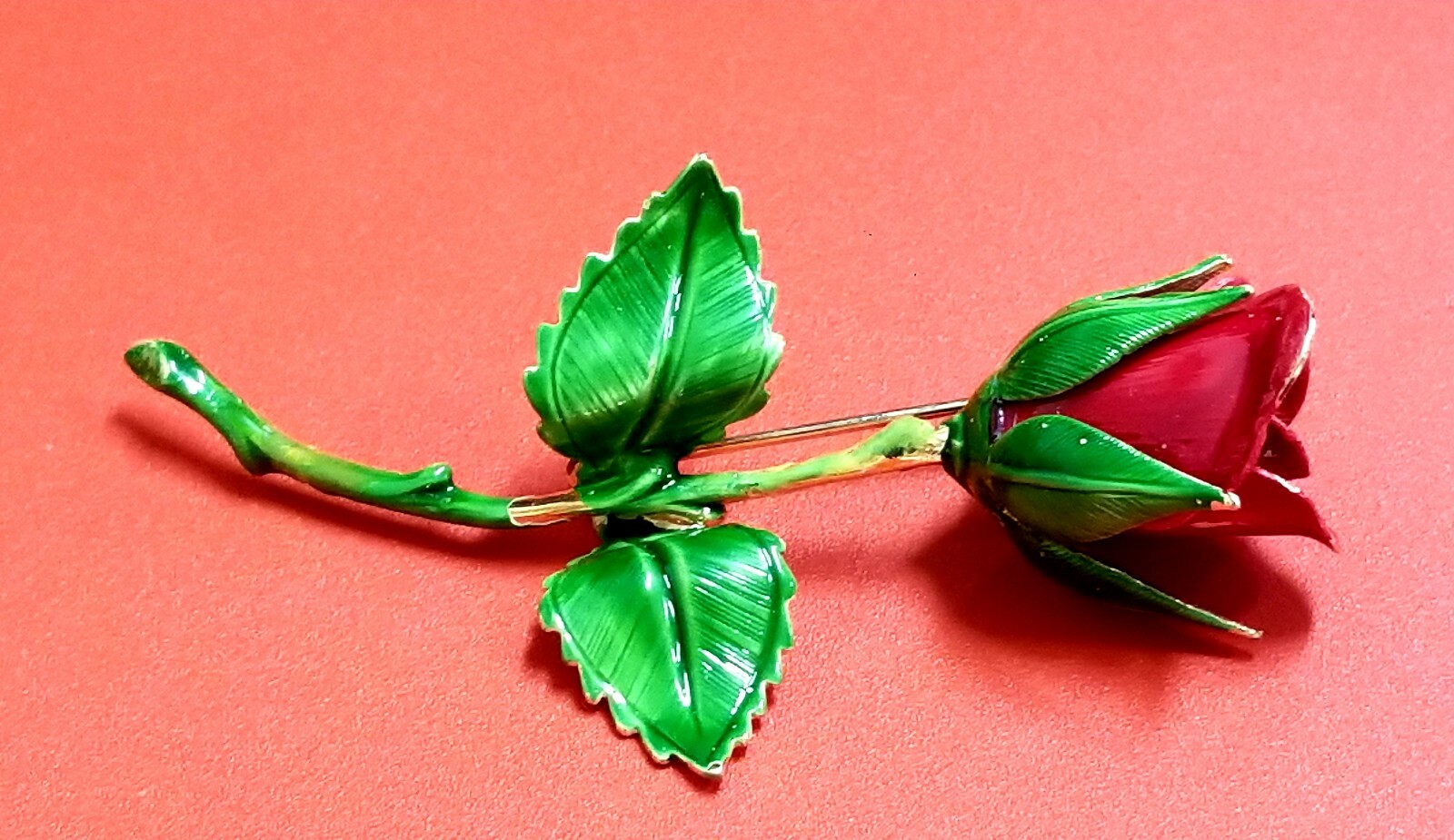 Vintage long stem RED ROSE FLOWER BROOCH 3" Pin Ename… - Gem