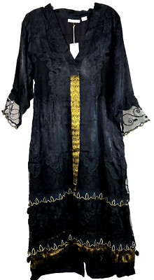 Bust 39 H 44 M NWD Nataya Black Gold Trim Flapper Goth Style Dress Net ...
