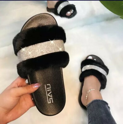 WOMENS FAUX FUR FLUFFY CASUAL SLIDERS RHINESTONE SUMMER SLIPPERS ...
