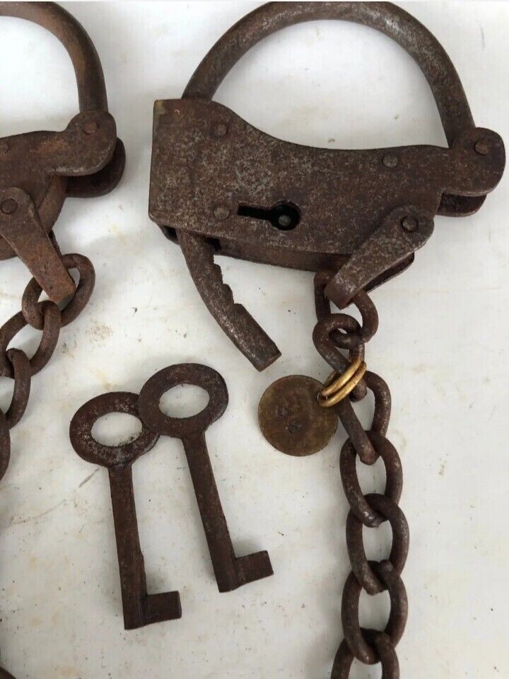 Prison Handcuffs Iron Rust Adjustable Cuffs with Chain & Antique 20 ...