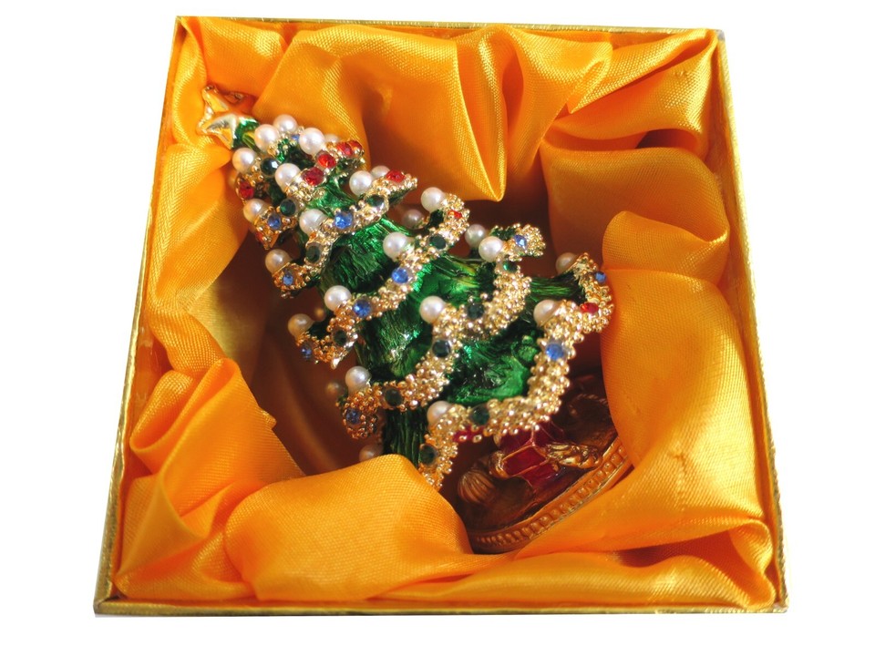 Jeweled Green Christmas Tree Hinged Metal Enameled Rhinestone Trinket ...