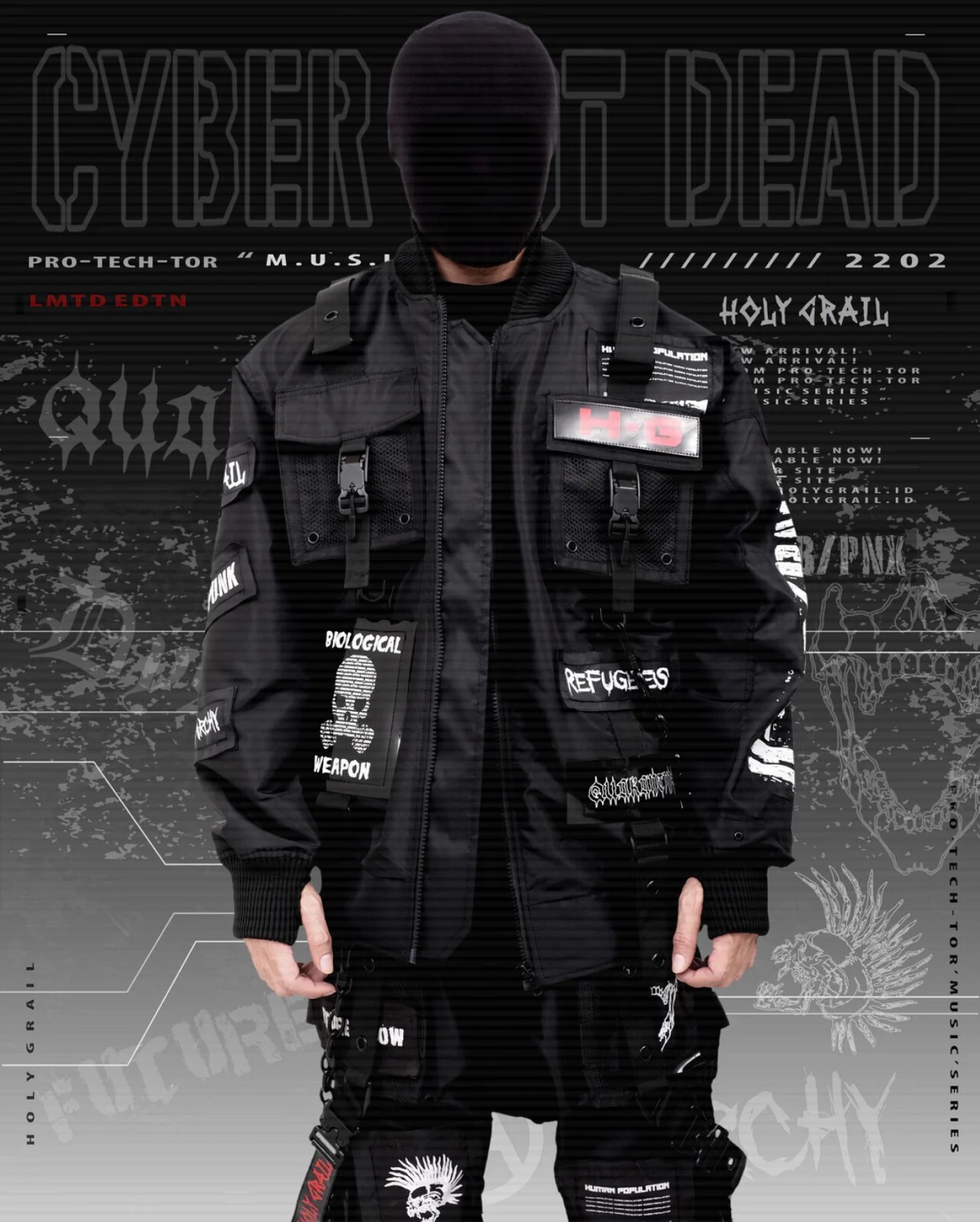 Men's Techwear Black Jacket Hoodie Full Zip Buckle Holygrail H-G.B/PNX ...