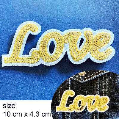 Sequin Love iron on patch gold word text glamour wedding date iron-on patches | eBay Australia