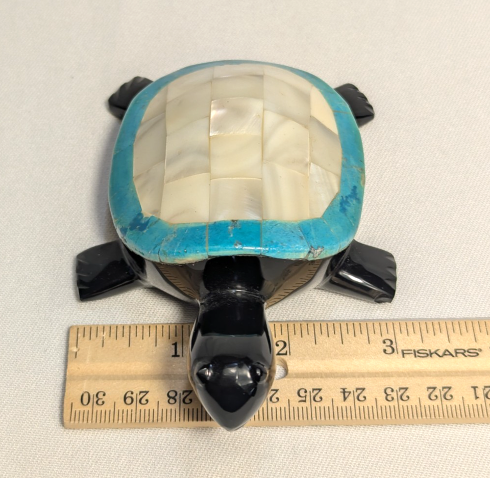 Vintage black onyx obsidian Turtle figurine hand-carved abalone shell ...
