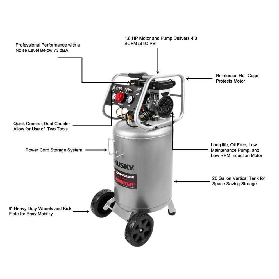 Husky 20 Gal. 165 Psi Oil Free Portable Vertical Electric Quiet Air ...