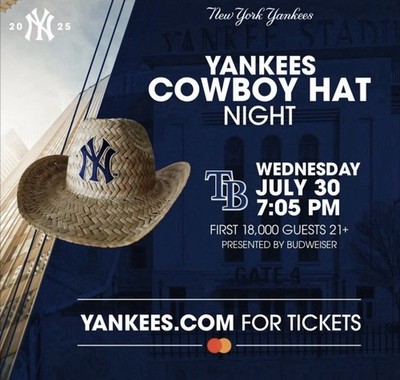 NEW YORK YANKEES COWBOY HAT - 2025 SGA 7/30/25 – Budweiser Giveaway ...