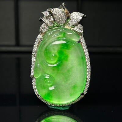 Natural ice inlay Green jade Jadeite Carved RuYi Pendant&Necklaces 如意 ...
