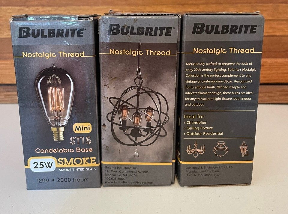 Bulbrite (9 Bulb) Antique ST15 Smoke Thread Filament 25W E12 Candelabra ...