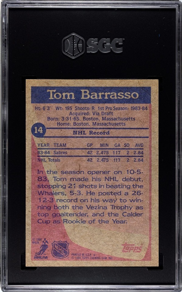 1984-85 TOPPS #14 TOM BARRASSO GRADED SGC 7 NM BUFFALO SABRES ROOKIE ...
