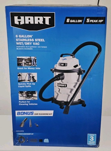 HART SHOP VAC WET DRY VACUUM Cleaner 6 Gal 5 HP Stainless Steel With ...