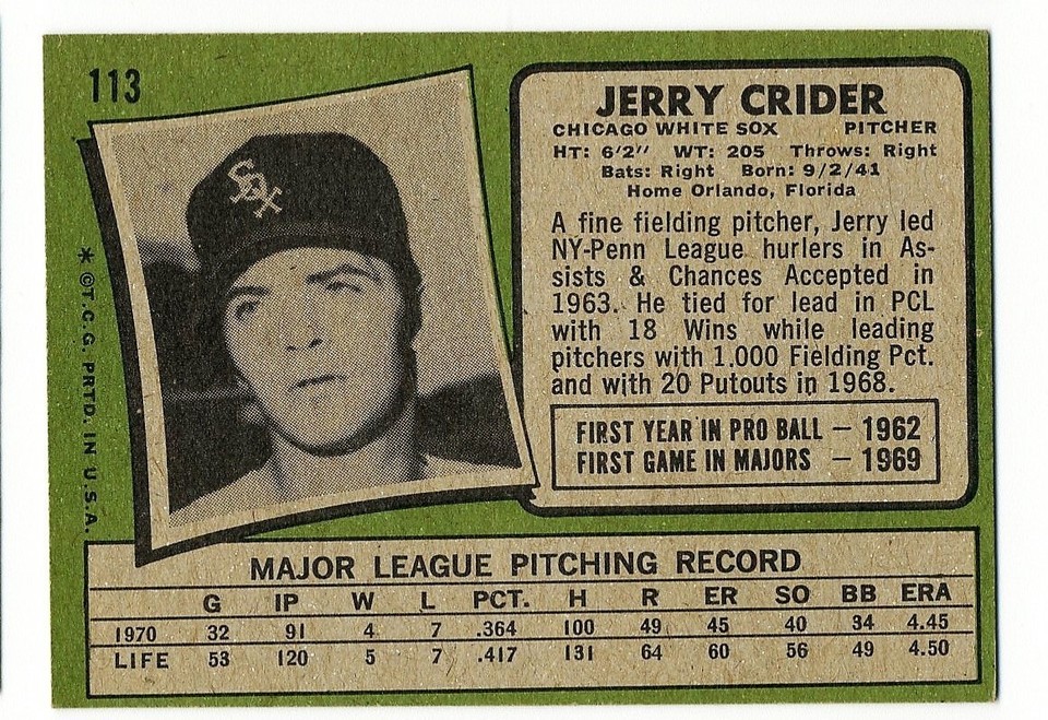 1971 TOPPS CHICAGO WHITE SOX JERRY CRIDER #113 EXMT | eBay