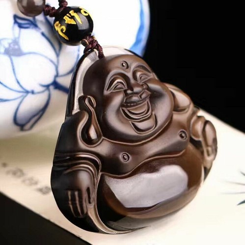 Natural ice Obsidian happy Laughing Buddha Necklace Amulet Pendant with ...