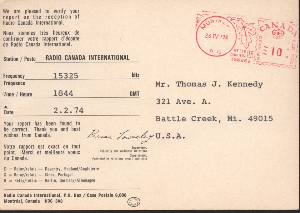 QSL CBC Radio Canada International RCI Microphone 15325 kHz DX SWL 1974 ...