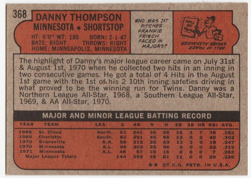 DANNY THOMPSON 1972 TOPPS HERITAGE 50TH ANNIVERSARY BUYBACK CARD # 368 ...