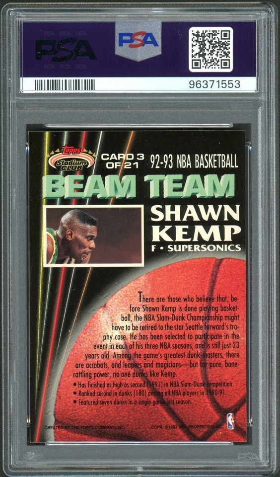 1992 Stadium Club Shawn Kemp Beam Team #3 - Supersonics - PSA 7 NM ...