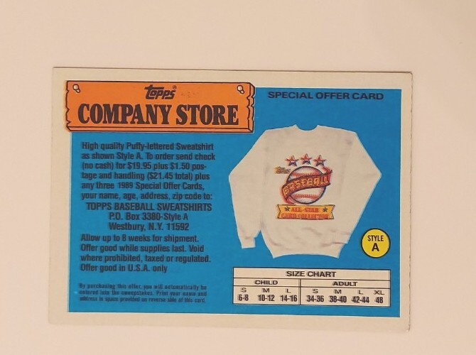 1989 Topps COMPANY STORE SPECIAL OFFER CARD CHOOSE YOUR CARD shirt hat ...