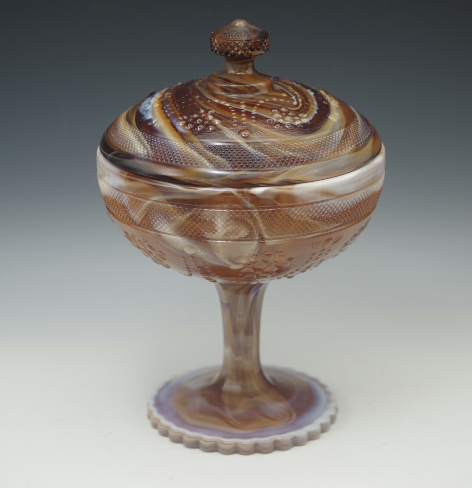 VINTAGE IMPERIAL CHROMA CARAMEL CHOCOLATE SLAG GLASS COVERED COMPOTE ...