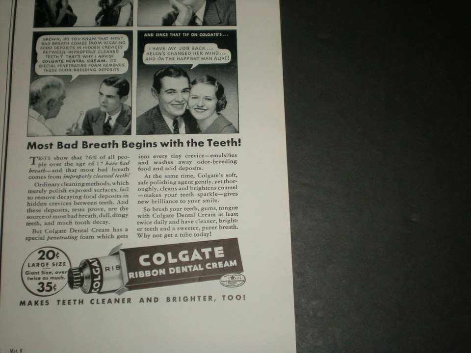 1937 COLGATE TOOTHPASTE DENTAL HYGIENE MAN WITH TOOTHACHE trade print ...
