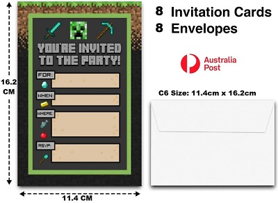 8 x Minecraft Birthday Party Fill in Invitations with Envelopes AU ...