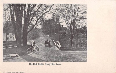 TERRYVILLE, CT ~ STREET & RED BRIDGE OVER PEQUEBUCK RIVER, PEASE PUB ...