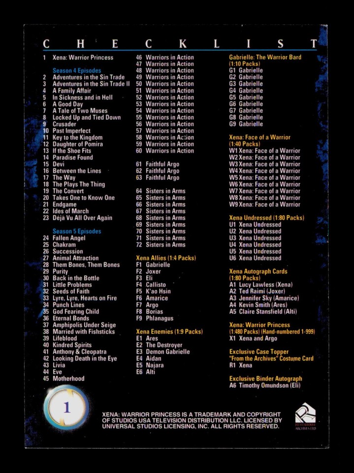 Xena: Warrior Princess 1 Xena Warrior Princess Season 4&5 Trading Card ...