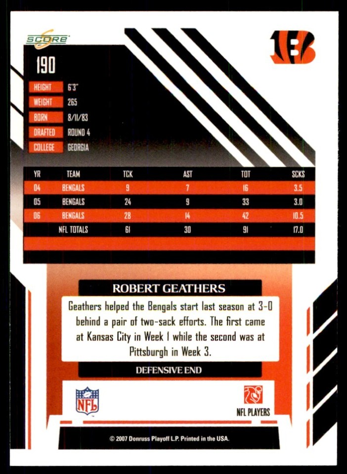 2007 SCORE ROBERT GEATHERS CINCINNATI BENGALS #190 | eBay