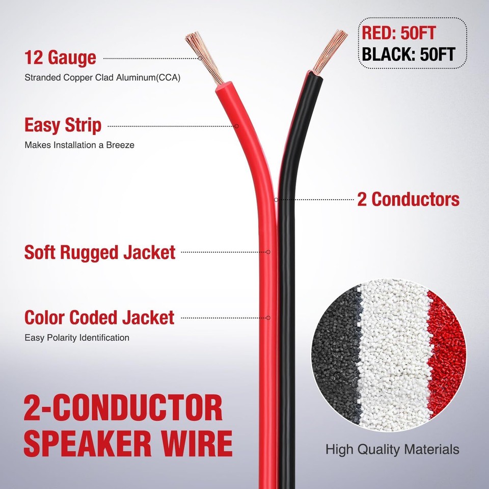 12AWG 50FT Copper Clad Aluminum Wire 12-2 Gauge Red Black CCA ...