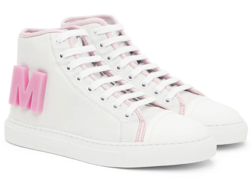 New Moschino White Leather 3D Pink Letter M Logo High Top Sneakers Sz ...