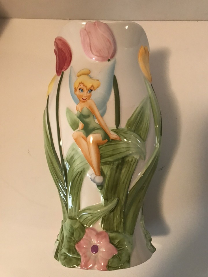 Disney Store Easter Vase Tinkerbell & Tulips 10"H x 7"W (small chip ...